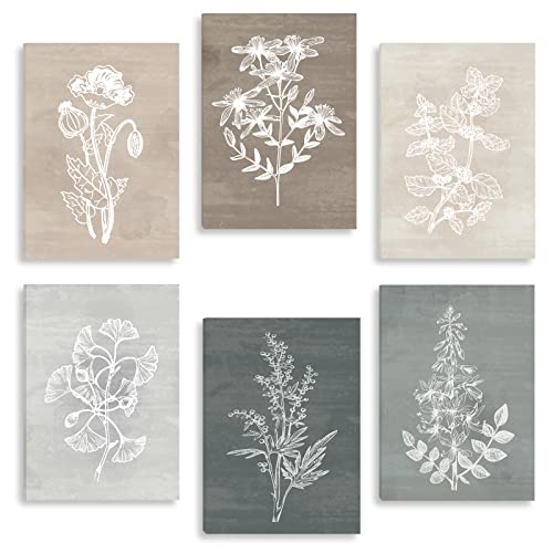 BINCUE Neutral Botanical Plant Canvas Wall Art Decor 6 Pieces Rustic Farmhouse Wall Art for Living Room Bedroom and Bathroom,Canvas Paintings Print Set Decor Wall Art 12"x 16"