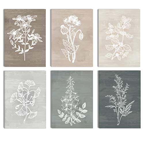 BINCUE Neutral Botanical Plant Canvas Wall Art Decor 6 Pieces Rustic Farmhouse Wall Art for Living Room Bedroom and Bathroom,Canvas Paintings Print Set Decor Wall Art 12"x 16"