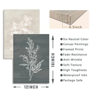 BINCUE Neutral Botanical Plant Canvas Wall Art Decor 6 Pieces Rustic Farmhouse Wall Art for Living Room Bedroom and Bathroom,Canvas Paintings Print Set Decor Wall Art 12"x 16"