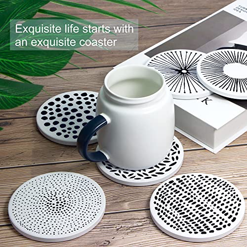 WYLHXYQQ Absorbent Ceramic Coaster，Drink Coasters Set of 6， with a Bracket, Cork Base, Heat Resistant Coaster, Suitable for Home, Kitchen, Bar, Office, Birthday Gift (Black and White dot)