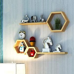 Aumneppa Hexagon Floating Shelves Set of 5, Wall Mounted Wood Farmhouse Storage Honeycomb Wall Shelf for Wall Decor, Bathroom, Kitchen, Bedroom, Living Room, Office and More (Natural)