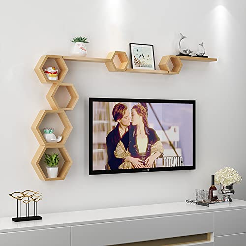 Aumneppa Hexagon Floating Shelves Set of 5, Wall Mounted Wood Farmhouse Storage Honeycomb Wall Shelf for Wall Decor, Bathroom, Kitchen, Bedroom, Living Room, Office and More (Natural)