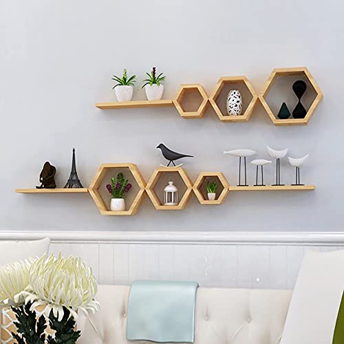 Aumneppa Hexagon Floating Shelves Set of 5, Wall Mounted Wood Farmhouse Storage Honeycomb Wall Shelf for Wall Decor, Bathroom, Kitchen, Bedroom, Living Room, Office and More (Natural)