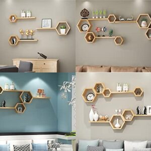 Aumneppa Hexagon Floating Shelves Set of 5, Wall Mounted Wood Farmhouse Storage Honeycomb Wall Shelf for Wall Decor, Bathroom, Kitchen, Bedroom, Living Room, Office and More (Natural)