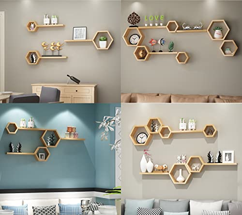 Aumneppa Hexagon Floating Shelves Set of 5, Wall Mounted Wood Farmhouse Storage Honeycomb Wall Shelf for Wall Decor, Bathroom, Kitchen, Bedroom, Living Room, Office and More (Natural)