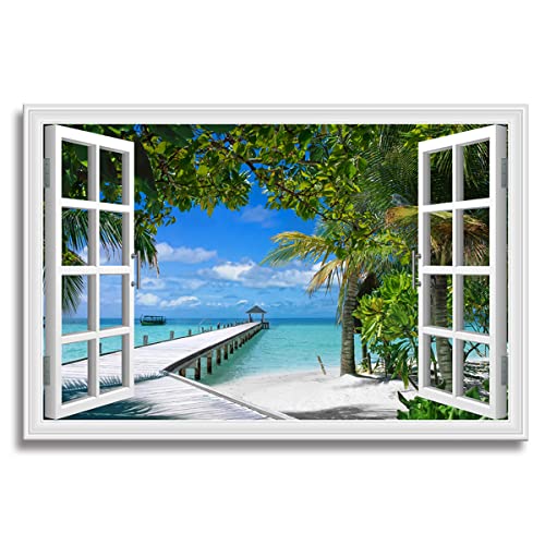 Window Beach Picture Canvas Wall Art Ocean Palm Tree Maldives Nature Landscape with Framed Living Room Blue Decor 36x24