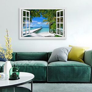 Window Beach Picture Canvas Wall Art Ocean Palm Tree Maldives Nature Landscape with Framed Living Room Blue Decor 36x24