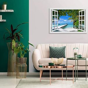 Window Beach Picture Canvas Wall Art Ocean Palm Tree Maldives Nature Landscape with Framed Living Room Blue Decor 36x24