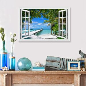 Window Beach Picture Canvas Wall Art Ocean Palm Tree Maldives Nature Landscape with Framed Living Room Blue Decor 36x24