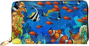 fishes in sea tropical leather wallet long clutch purse fashion wristlet handbag