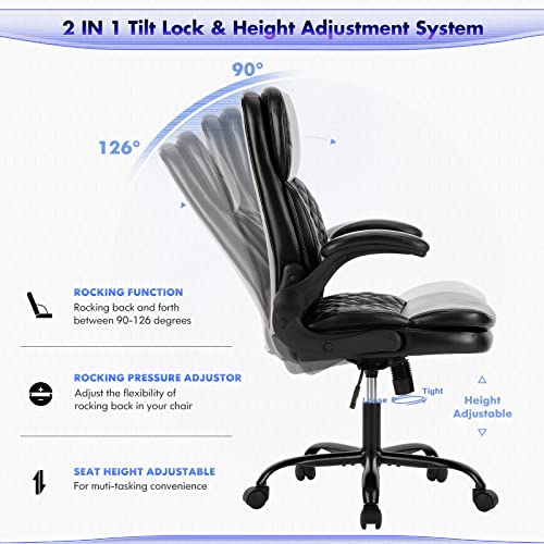 COLAMY Office Chair High Back Executive Computer Chair-Ergonomic Home Office Chair with Padded Flip-up Arms, Adjustable Height and Tilt Lock, Swivel Task Chair with Thick Leather for Comfort, Black