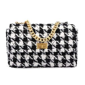 aytotoro women houndstooth purse and handbag ladies fashion shoulder bag pu leather woolen cloth crossbody bag satchel (black)