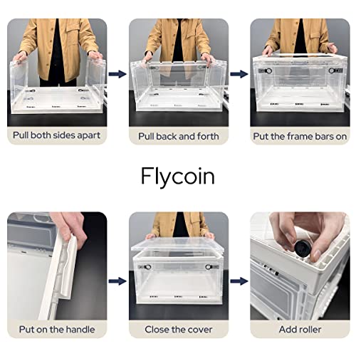 Flycoin Storage Bins with Lids,Large Organization and Storage with Wheels,Double Doors Plastic Foldable Box, Clear Stackable Closet Storage Bins, Toy Storage,Plastic Storage Cubes Cart