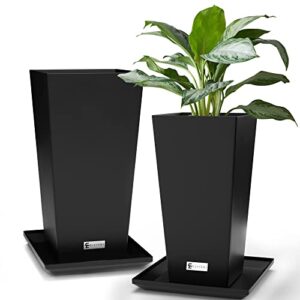 elevens set of 2 tall outdoor planters 28 inch, large planters for indoor outdoor plants, tapered square flower pots with tray for patio,black