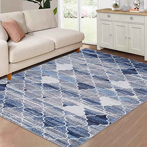 ROYHOME Area Rug 8' x 10' Machine Washable Abstract Moroccan Rug Contemporary Geometric Ogee Trellis Rug Indoor Floor Cover Foldable Carpet Rug Accent Rug for Living Room Bedroom Dining Room, Navy