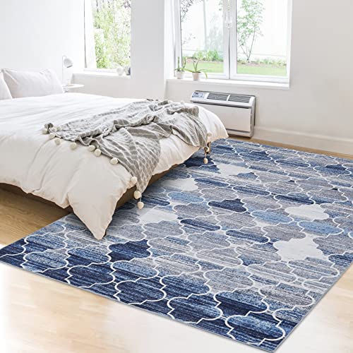 ROYHOME Area Rug 8' x 10' Machine Washable Abstract Moroccan Rug Contemporary Geometric Ogee Trellis Rug Indoor Floor Cover Foldable Carpet Rug Accent Rug for Living Room Bedroom Dining Room, Navy