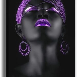 Xuxwhwy African American Poster Purple Earrings Necklace Black Pretty Girl Canvas Prints Wall Art Pictures for Living Room Bedroom Oil Paintings for Office Home Decorations 16X24 in (Unframed)