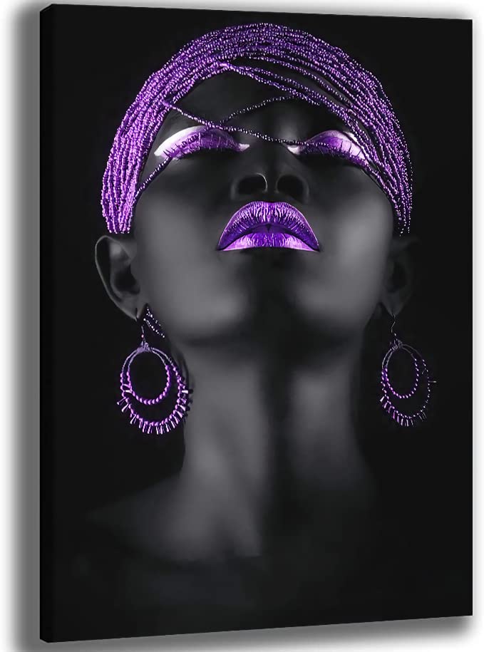 Xuxwhwy African American Poster Purple Earrings Necklace Black Pretty Girl Canvas Prints Wall Art Pictures for Living Room Bedroom Oil Paintings for Office Home Decorations 16X24 in (Unframed)