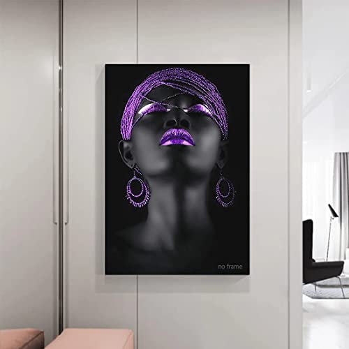 Xuxwhwy African American Poster Purple Earrings Necklace Black Pretty Girl Canvas Prints Wall Art Pictures for Living Room Bedroom Oil Paintings for Office Home Decorations 16X24 in (Unframed)