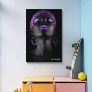 Xuxwhwy African American Poster Purple Earrings Necklace Black Pretty Girl Canvas Prints Wall Art Pictures for Living Room Bedroom Oil Paintings for Office Home Decorations 16X24 in (Unframed)