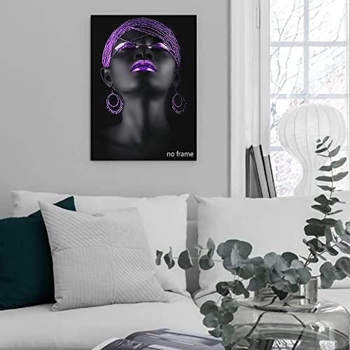 Xuxwhwy African American Poster Purple Earrings Necklace Black Pretty Girl Canvas Prints Wall Art Pictures for Living Room Bedroom Oil Paintings for Office Home Decorations 16X24 in (Unframed)