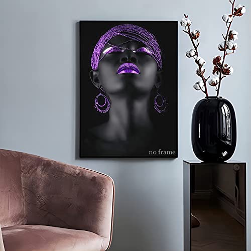 Xuxwhwy African American Poster Purple Earrings Necklace Black Pretty Girl Canvas Prints Wall Art Pictures for Living Room Bedroom Oil Paintings for Office Home Decorations 16X24 in (Unframed)