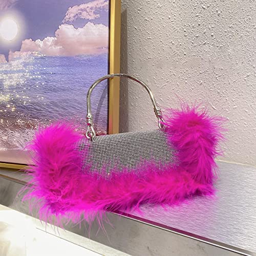 Feather Silver Purse Rhinestone Bag Clutch Evening Bags Diamond Glitter Purses for Women Sparkly Bling Handbag Wedding (hot pink)