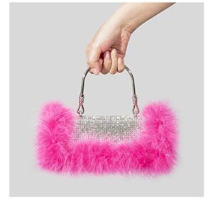 Feather Silver Purse Rhinestone Bag Clutch Evening Bags Diamond Glitter Purses for Women Sparkly Bling Handbag Wedding (hot pink)