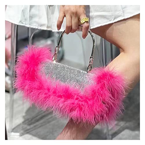 Feather Silver Purse Rhinestone Bag Clutch Evening Bags Diamond Glitter Purses for Women Sparkly Bling Handbag Wedding (hot pink)