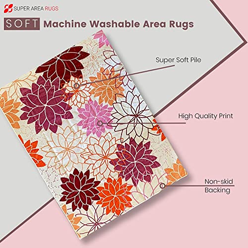 Super Area Rugs Machine Washable Rug - Stain Resistant Non-Shed Non-Slip Family & Pet Friendly - Washable Throw/Entry Rug - Colorful Floral Pink Rectangle 3' x 5'