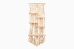 macrame wall hanging plant decor shelf, tall ladder shelf, 5 tier indoor handmade plant shelves, large boho white beige hanging floating hand woven rope for bedroom, bookshelf (60″ h x 24″ w)