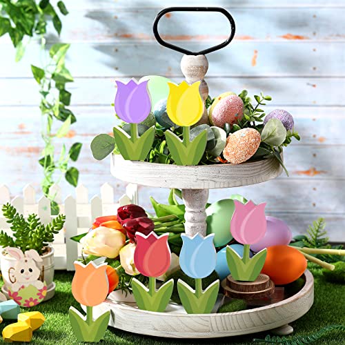 6 Pcs Easter Tiered Tray Decor Spring Decor Wooden Tulip Decorations Easter Tulip Table Signs for Farmhouse Shelf Tabletophappy Easter Party Supplies