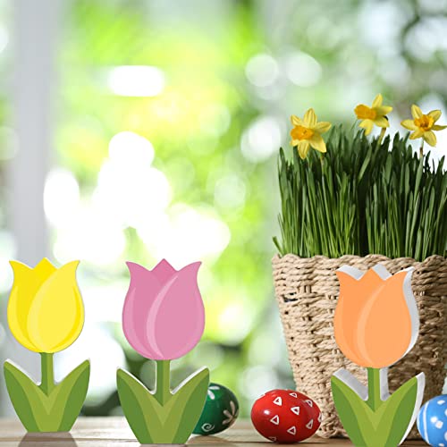 6 Pcs Easter Tiered Tray Decor Spring Decor Wooden Tulip Decorations Easter Tulip Table Signs for Farmhouse Shelf Tabletophappy Easter Party Supplies