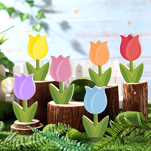 6 Pcs Easter Tiered Tray Decor Spring Decor Wooden Tulip Decorations Easter Tulip Table Signs for Farmhouse Shelf Tabletophappy Easter Party Supplies