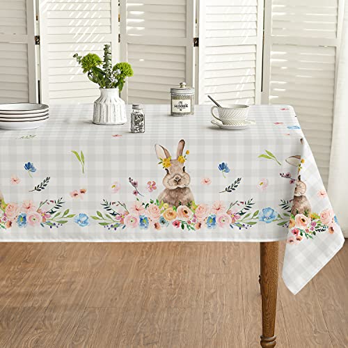 Horaldaily Easter Tablecloth 60x84 Inch, Spring Flower Buffalo Plaid Bunny Table Cover for Party Picnic Dinner Decor