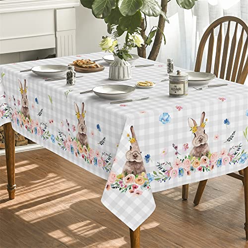 Horaldaily Easter Tablecloth 60x84 Inch, Spring Flower Buffalo Plaid Bunny Table Cover for Party Picnic Dinner Decor