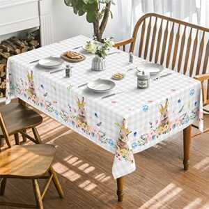 Horaldaily Easter Tablecloth 60x84 Inch, Spring Flower Buffalo Plaid Bunny Table Cover for Party Picnic Dinner Decor