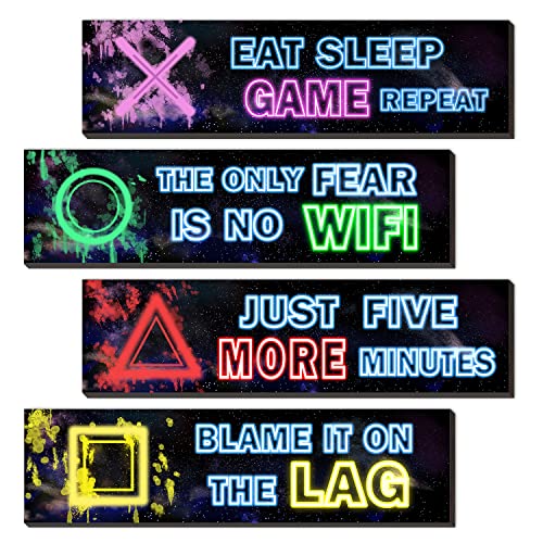 Video Game Decor Set of 4 - Neon Gaming Theme, Gamer Room Decor for Kids, Boys, Neon Gaming Wall Decor for Playroom and Game Room