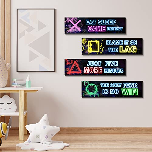 Video Game Decor Set of 4 - Neon Gaming Theme, Gamer Room Decor for Kids, Boys, Neon Gaming Wall Decor for Playroom and Game Room