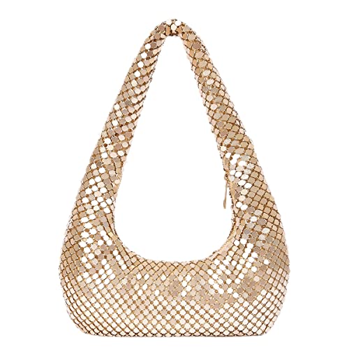 DJBM Women's Clutch Handbags Metal Mesh Shoulder Bag Evening Clutch Purse Women's Underarm Evening Bags for Party Formal, Gold