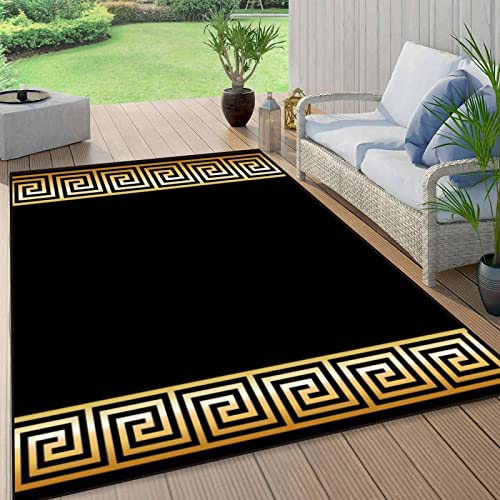 Geometric Greek Gold Pattern Area Rugs, Black Yellow Geometric Easy Clean Rug, Soft Non-Skid Carpet Throw Rug for Kids Teen Girls Boys Bedroom, Living Room Bathroom,Classroom Office 3ftx5ft