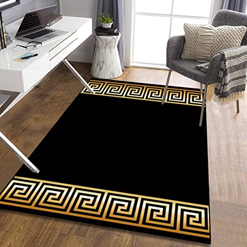 Geometric Greek Gold Pattern Area Rugs, Black Yellow Geometric Easy Clean Rug, Soft Non-Skid Carpet Throw Rug for Kids Teen Girls Boys Bedroom, Living Room Bathroom,Classroom Office 3ftx5ft