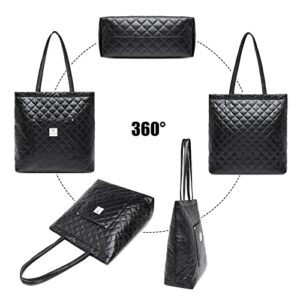 MYHOZEE Tote Bag for Women Black - PU Leather Shoulder Bag Quilted Top Handle Handbags Purse with External Pocket