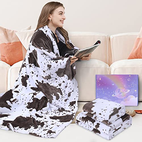 QSIMI Gift for Mom Cow Print Blanket Soft Flannel Warm Lightweight Cute Cow Throw Blankets for Couch Bed, Cow Print Stuff for Cow Adults Kids All Seasons(Dark Brown, 50"x60")