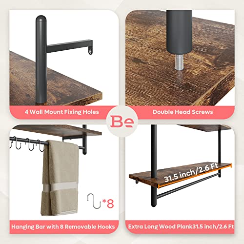 Bestier Pipe Shelf Industrial Floating Shelving 31" Kitchen Wall-Mounted Shelf with Towel Bar Hooks Coffee Bar Shelf Wine Hanging Display Rack Bookshelf Living Room Decor Bathroom-Rustic Brown