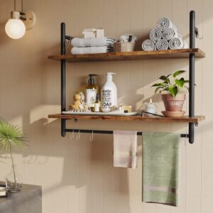 Bestier Pipe Shelf Industrial Floating Shelving 31" Kitchen Wall-Mounted Shelf with Towel Bar Hooks Coffee Bar Shelf Wine Hanging Display Rack Bookshelf Living Room Decor Bathroom-Rustic Brown