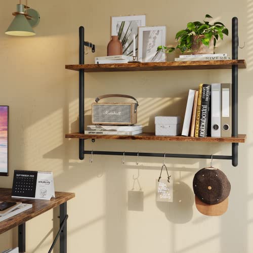 Bestier Pipe Shelf Industrial Floating Shelving 31" Kitchen Wall-Mounted Shelf with Towel Bar Hooks Coffee Bar Shelf Wine Hanging Display Rack Bookshelf Living Room Decor Bathroom-Rustic Brown