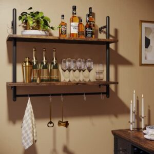 Bestier Pipe Shelf Industrial Floating Shelving 31" Kitchen Wall-Mounted Shelf with Towel Bar Hooks Coffee Bar Shelf Wine Hanging Display Rack Bookshelf Living Room Decor Bathroom-Rustic Brown