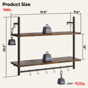 Bestier Pipe Shelf Industrial Floating Shelving 31" Kitchen Wall-Mounted Shelf with Towel Bar Hooks Coffee Bar Shelf Wine Hanging Display Rack Bookshelf Living Room Decor Bathroom-Rustic Brown