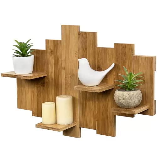 Natural Bamboo Brown Floating Wall Shelves (4 Pieces) - Retro Elegant Design for Bedrooms and Living Rooms, Easy-to-Assemble with Invisible Brackets